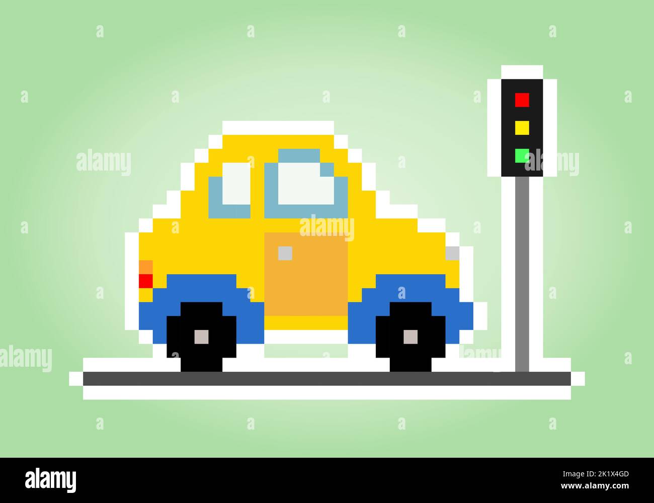 Pixel classic car in traffic light. Vector illustration of 8 bit game ...