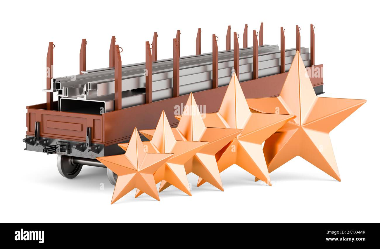 Railroad car with stack of rolled metal products with five golden stars ...