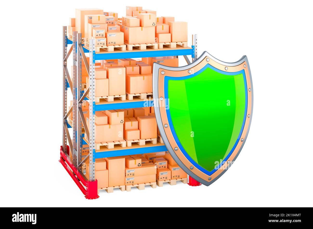 Double pallet rack full of parcels with shield, 3D rendering isolated ...