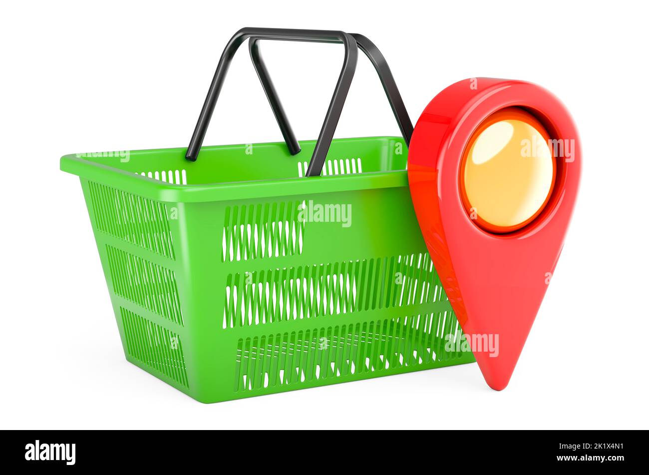 Shopping basket with map pointer. Shopping location concept, 3D ...