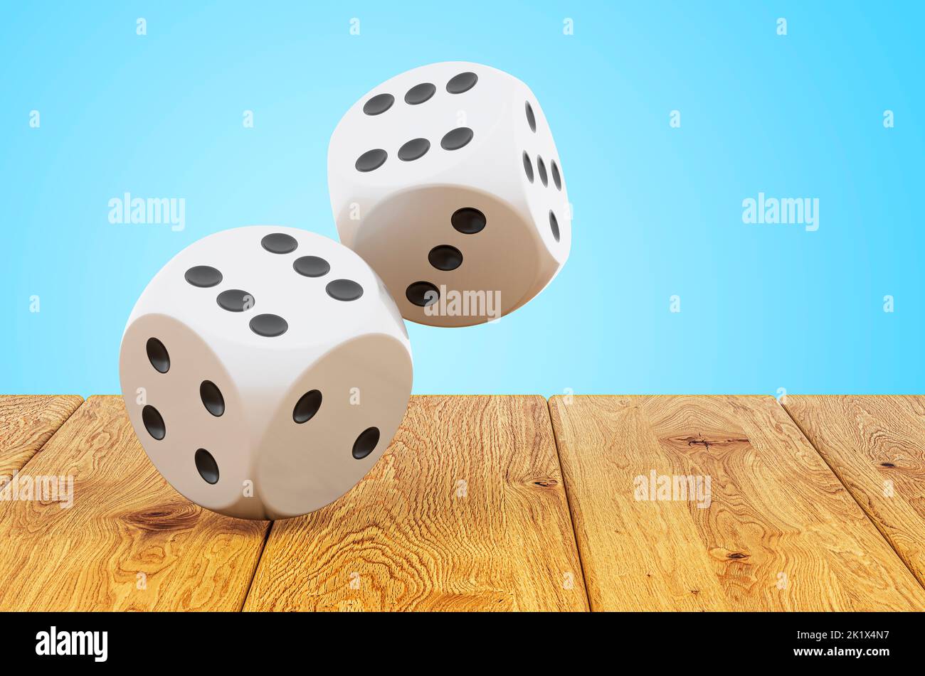 Dice on the wooden table. 3D rendering Stock Photo - Alamy