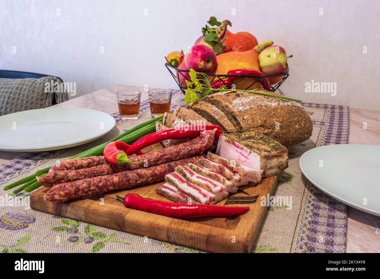 national ukrainian food, salo, green onion, helb, cognac, red hot ...