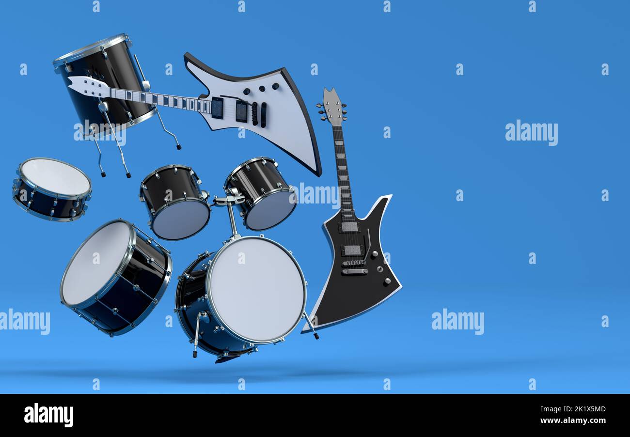 Set of electric acoustic guitars and drums with metal cymbals on blue ...