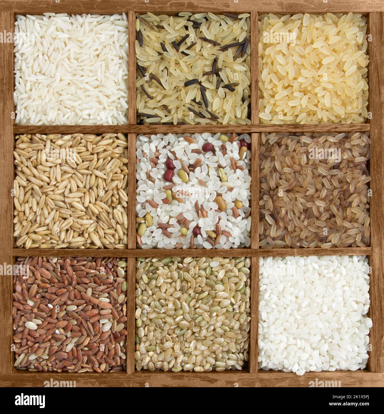 Assorted rice in a wooden box Stock Photo - Alamy