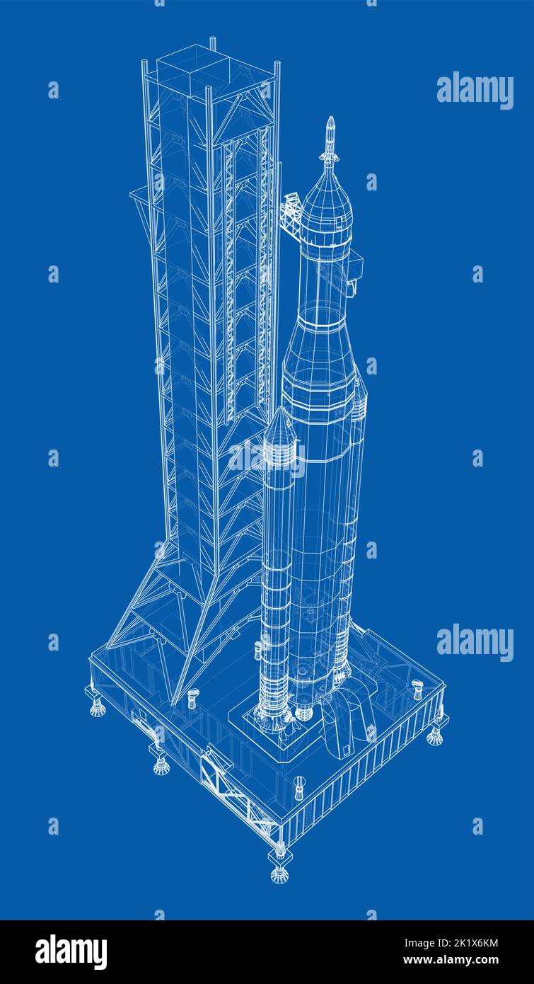 Space Rocket on launch pad. Vector rendering of 3d. Wire-frame style ...