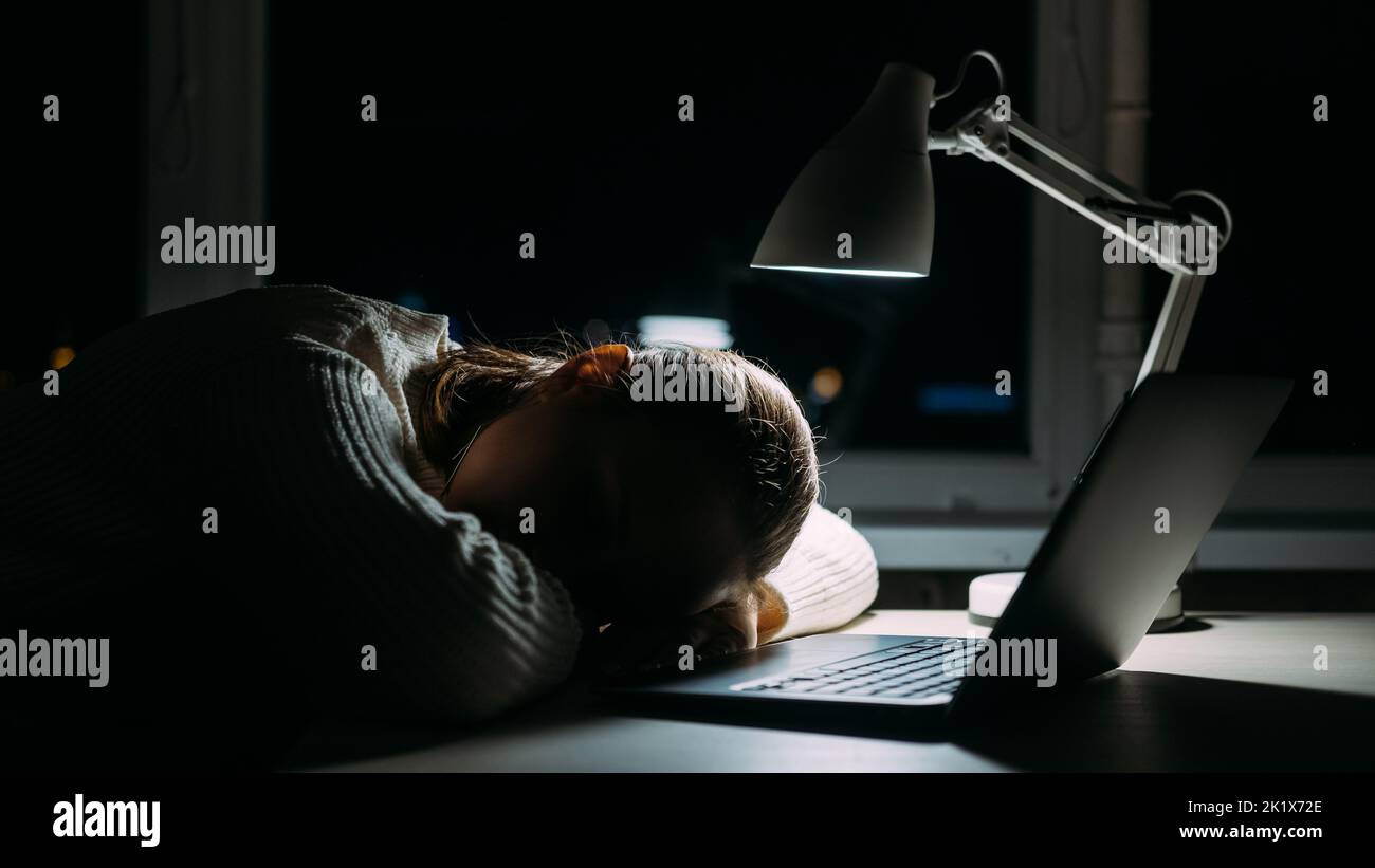 Tired woman. Hard working. Freelance job. Project deadline. Exhausted ...