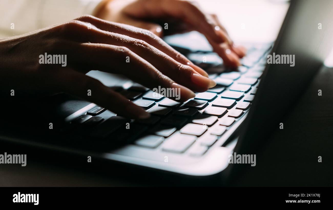 Working laptop. Freelance woman. Remote job. Digital technology ...