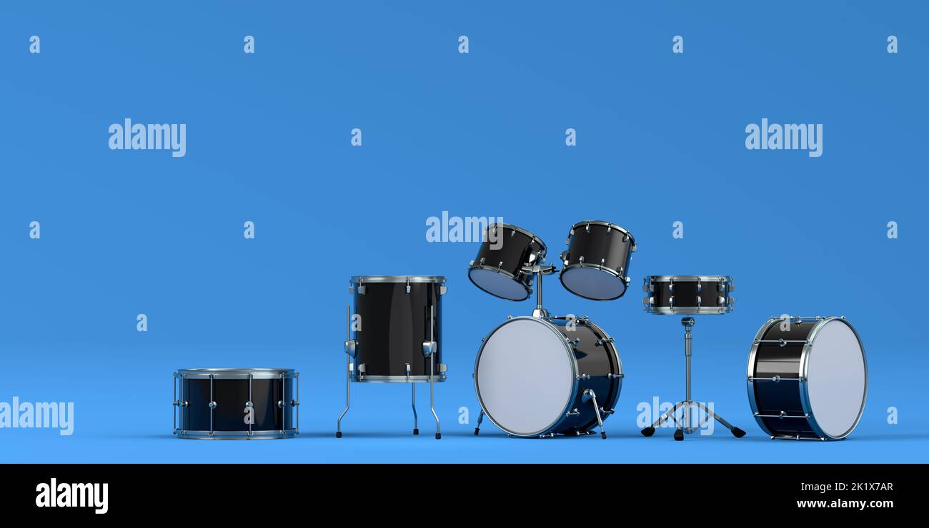 Set of drums with metal cymbals on blue background. 3d render of ...