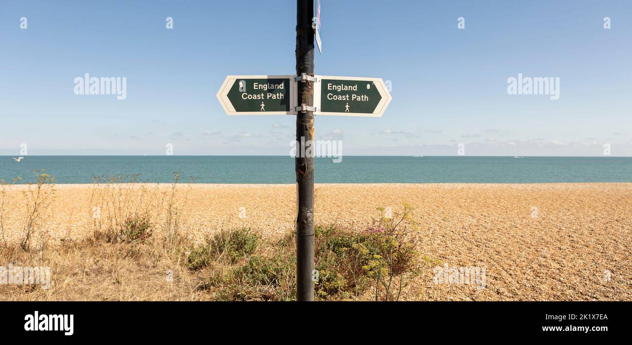 england coast path sign on a kentish shingle beach, copy space Stock ...