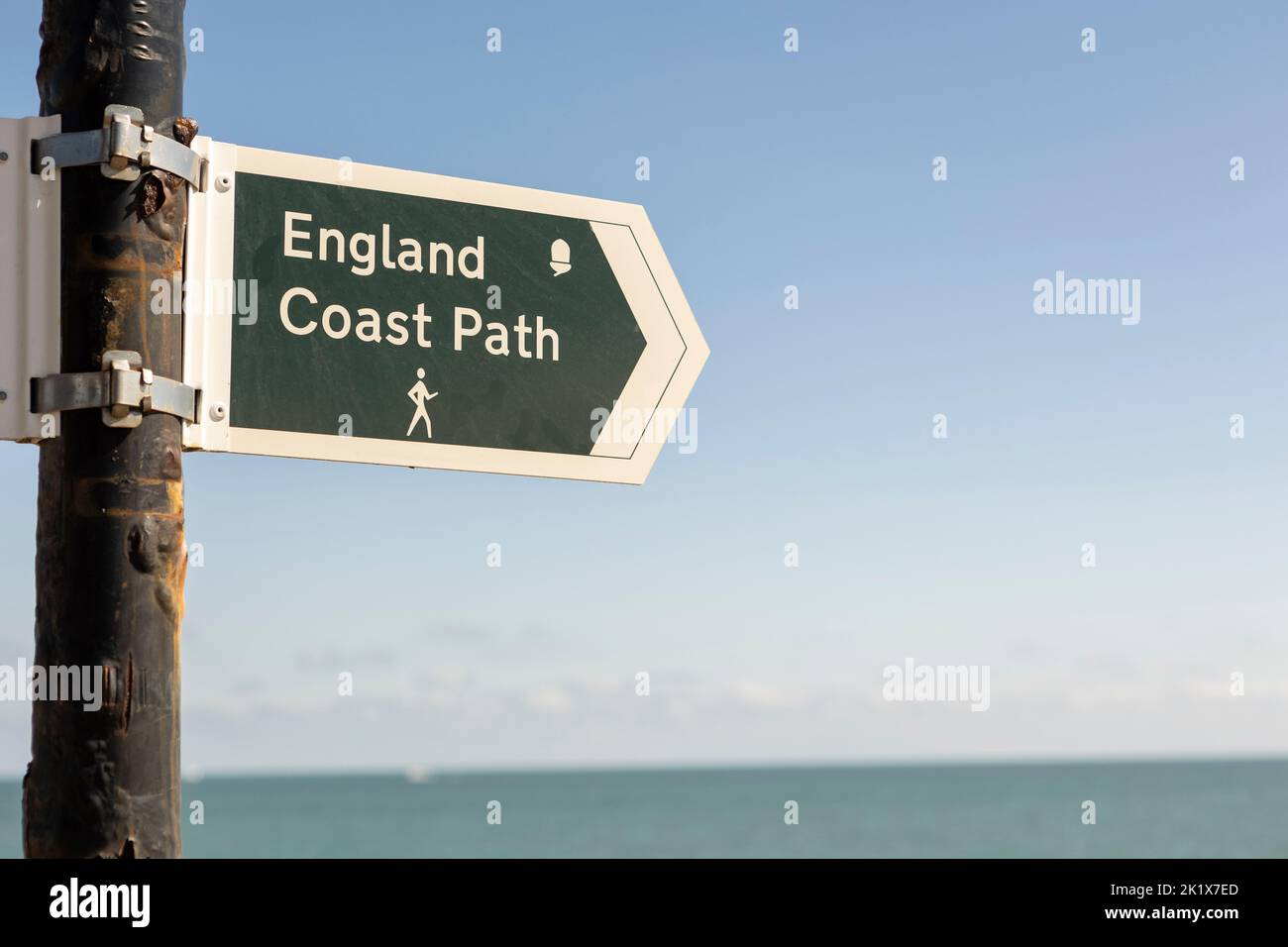 close up england coast path sign on a kentish shingle beach, copy space ...