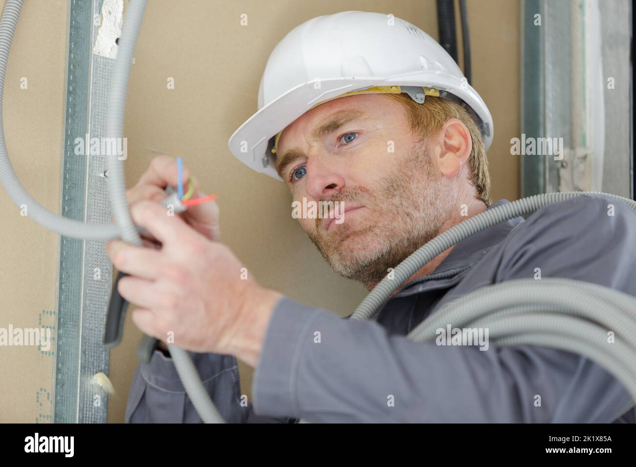 electrical worker wearing safety vest holding cables Stock Photo - Alamy