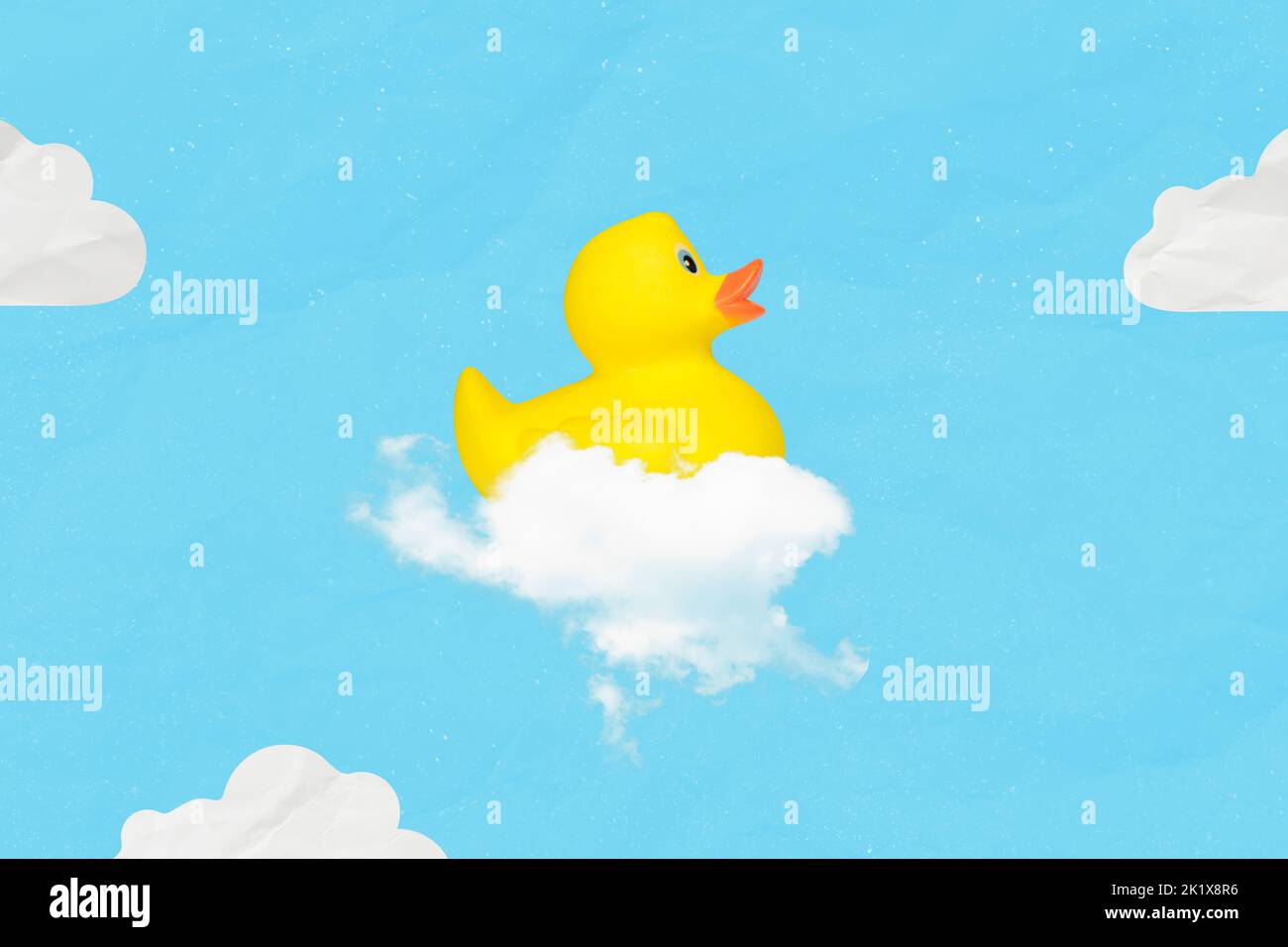 Composite collage illustration of flying rubber toy duck isolated on ...