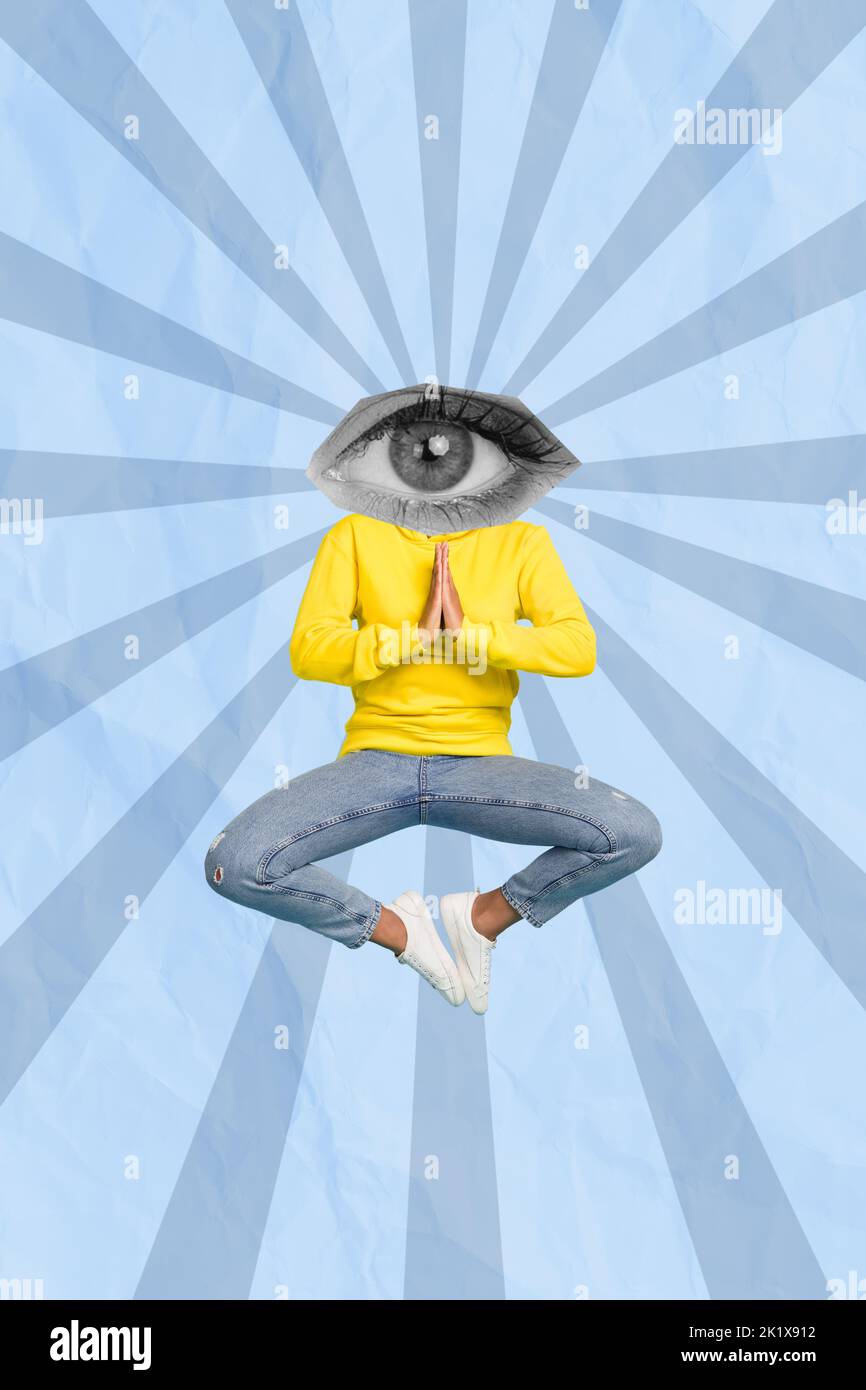 Vertical collage image of flying person meditate huge eye instead head ...