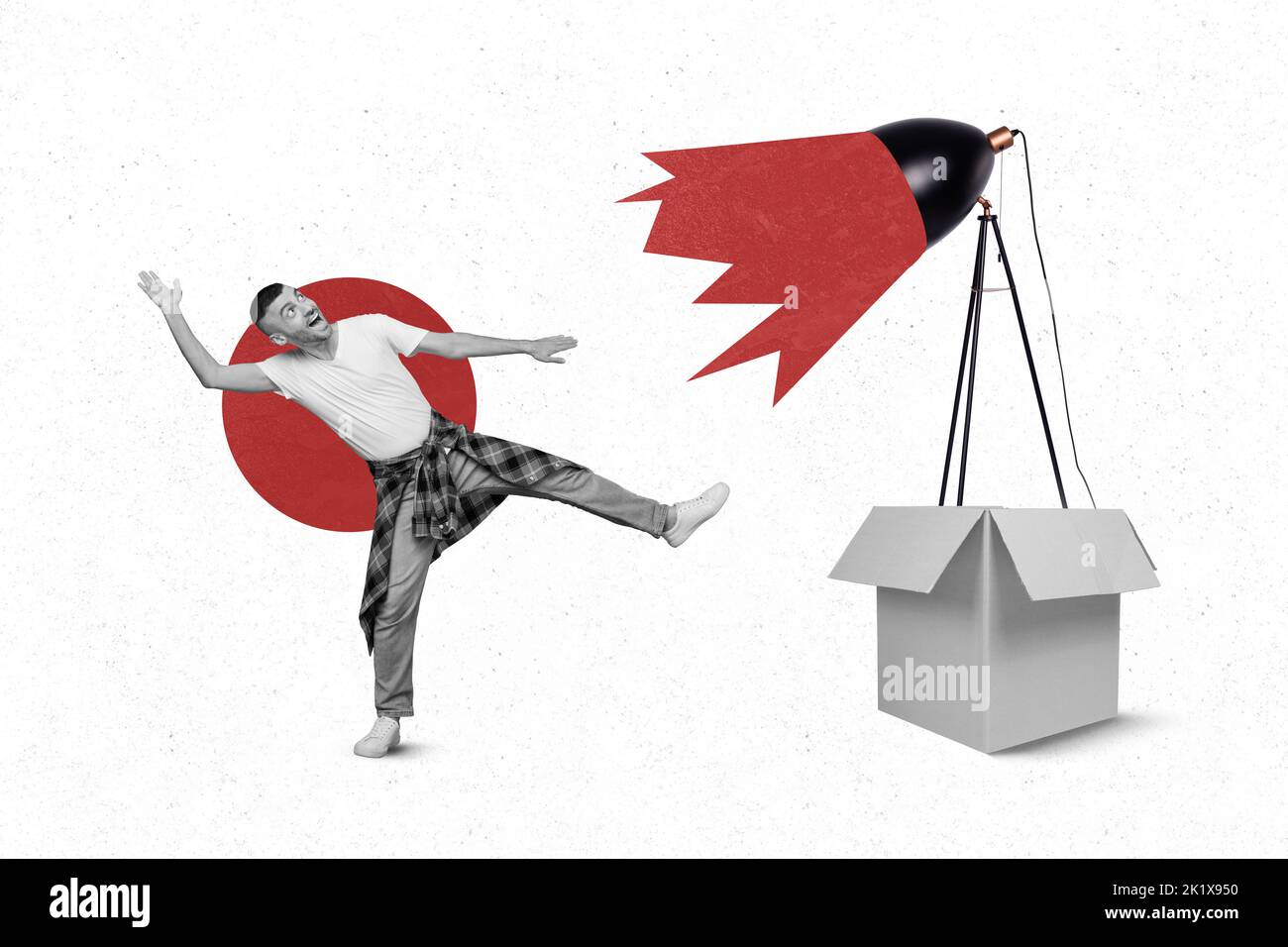 Composite collage picture of overjoyed impressed guy black white effect ...