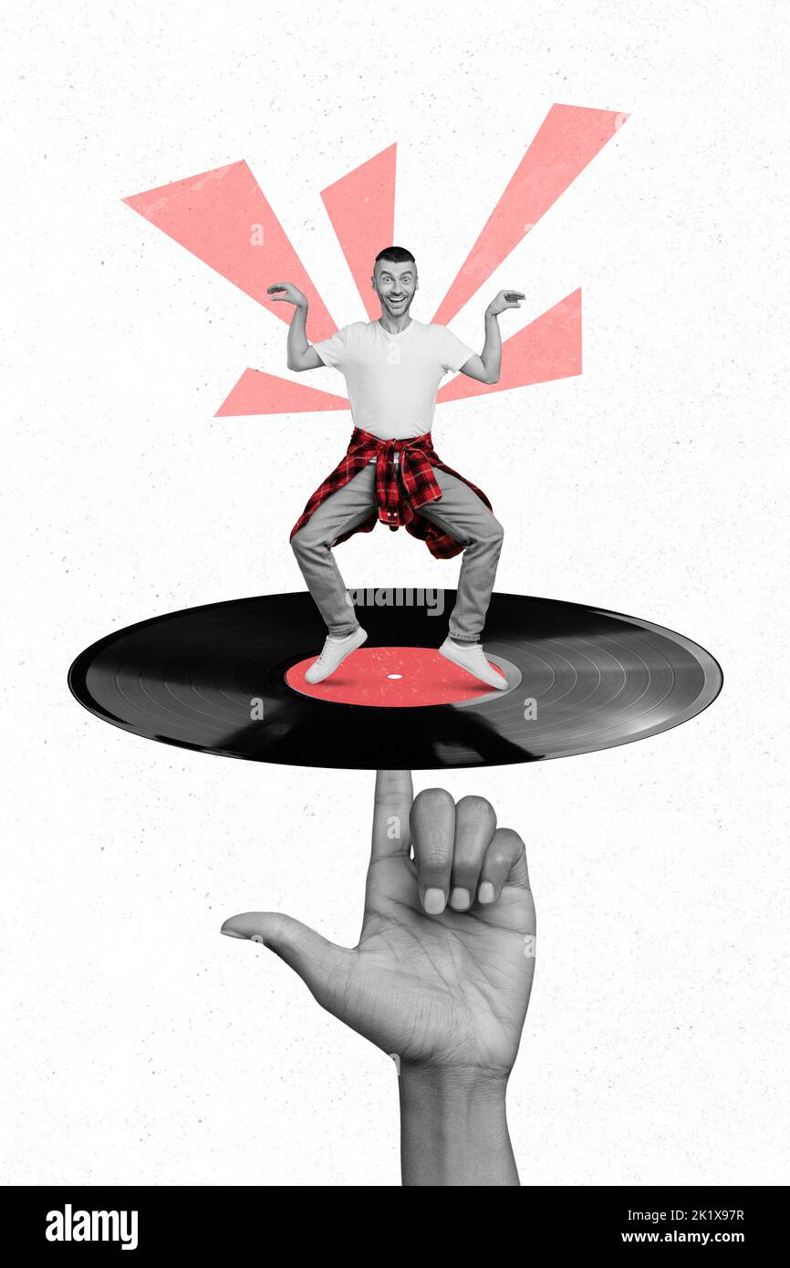 Vertical collage image of big human arm finger hold vinyl record ...