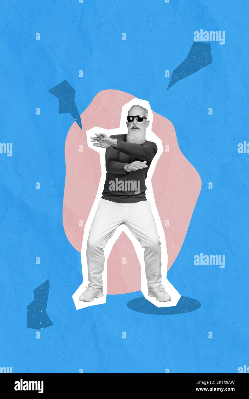 Collage photo of old aged pensioner grandfather dancing retro vintage ...