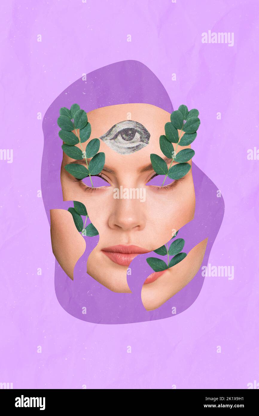 Vertical collage picture of creative girl face mask plant leaves ...