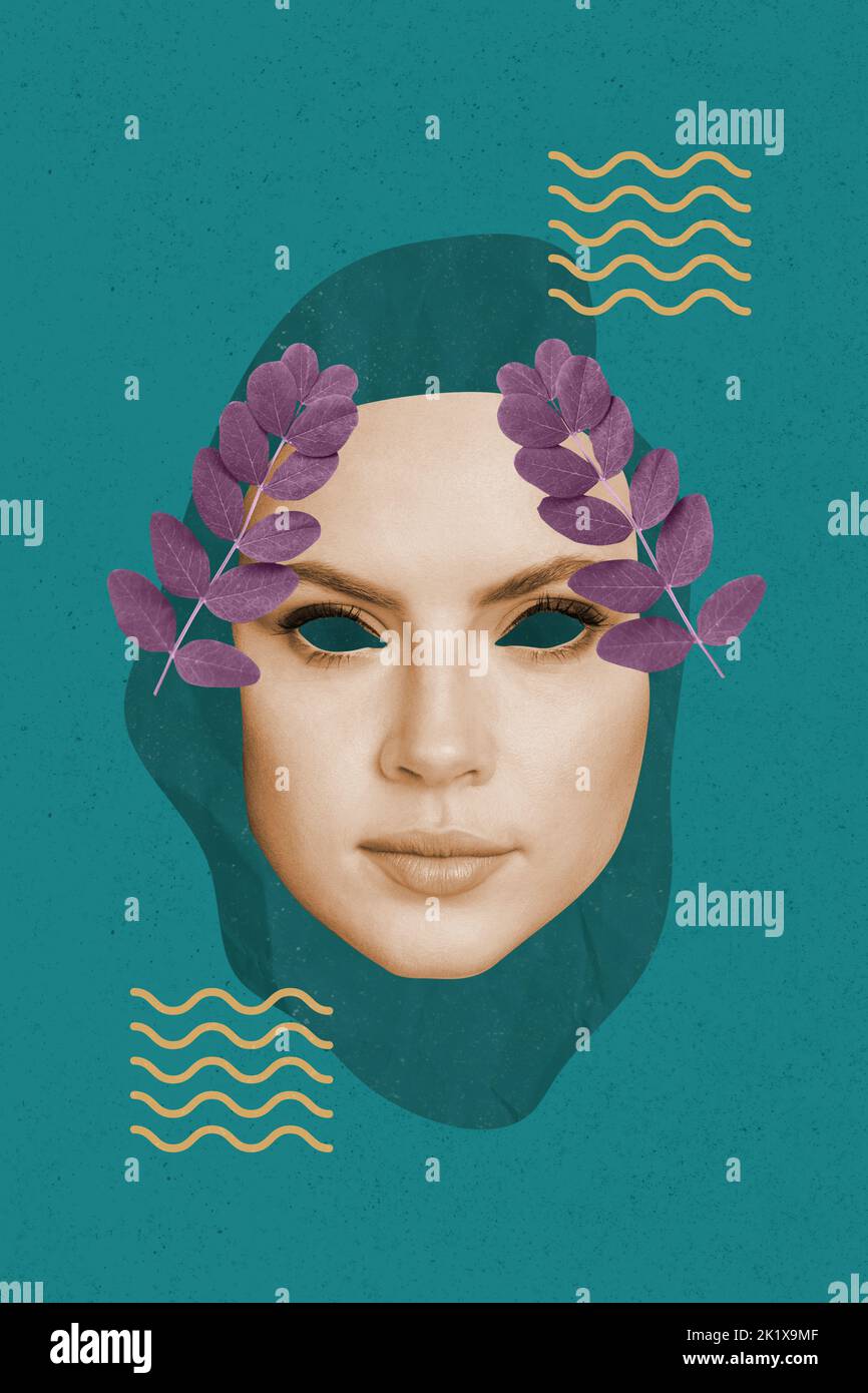 Vertical collage image of girl face mask flower leaves isolated on ...