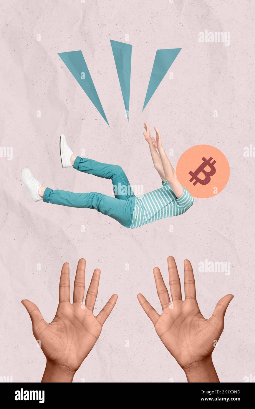 Creative photo 3d collage poster postcard of falling down boy big arms ...