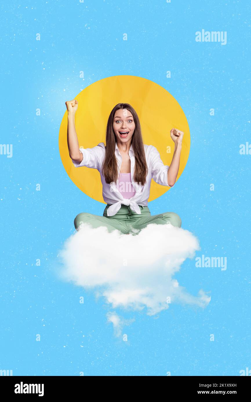 Creative photo 3d collage poster postcard artwork of charming glad lady sitting fluffy ...