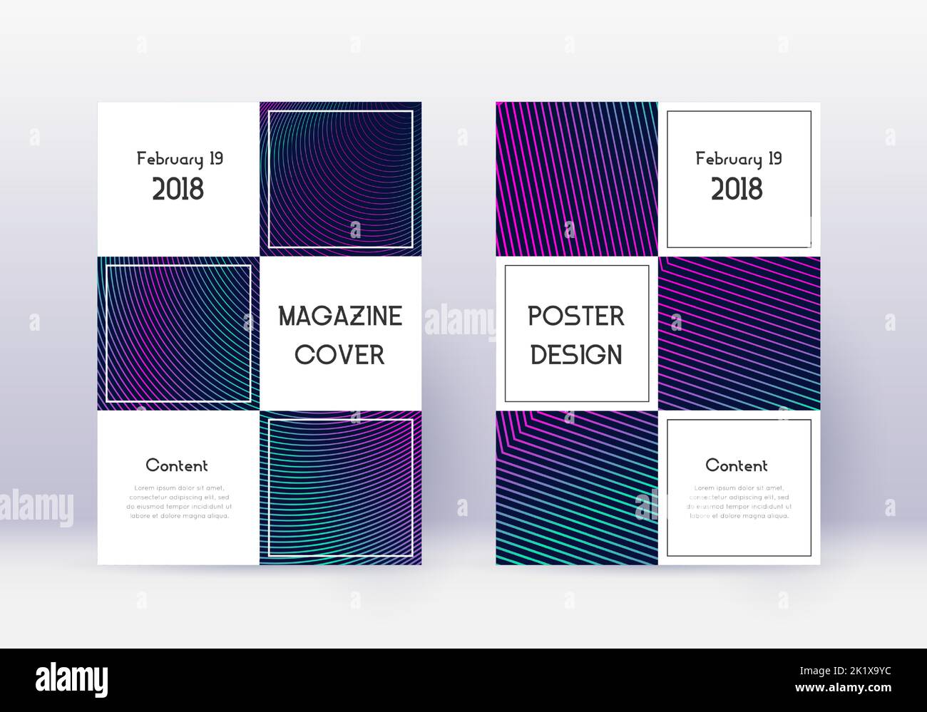 Business cover design template set. Neon abstract lines on dark blue ...