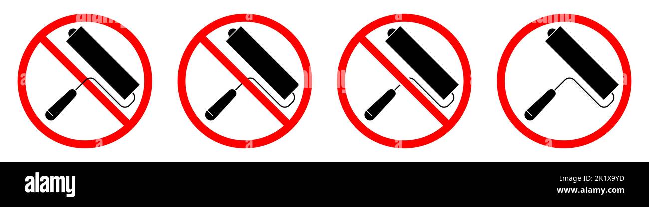 Roller brush ban sign. Painting is forbidden. Set of red prohibition ...