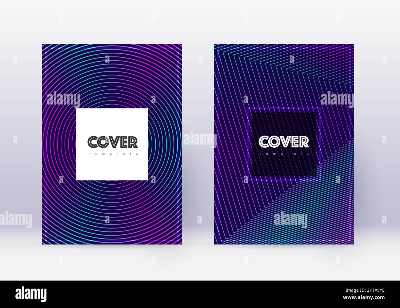 Hipster cover design template set. Neon abstract lines on dark blue ...