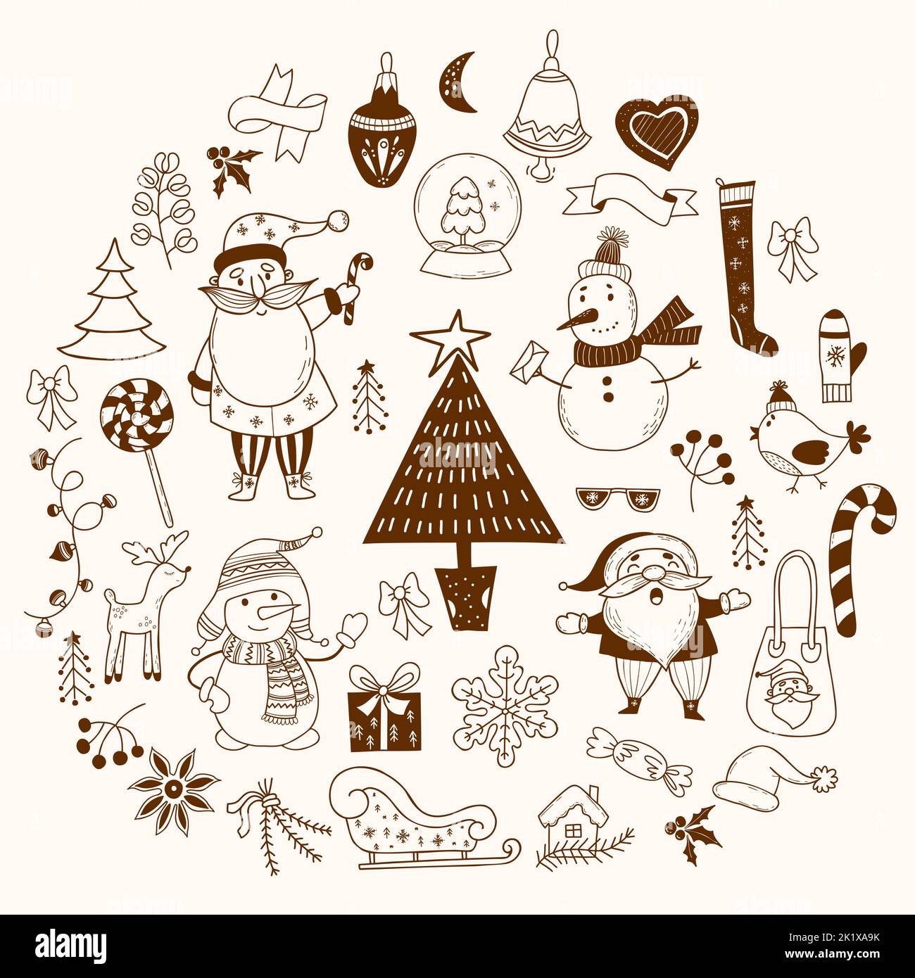 Vector Christmas doodles. Cute characters old man Santa Claus, snowmen ...