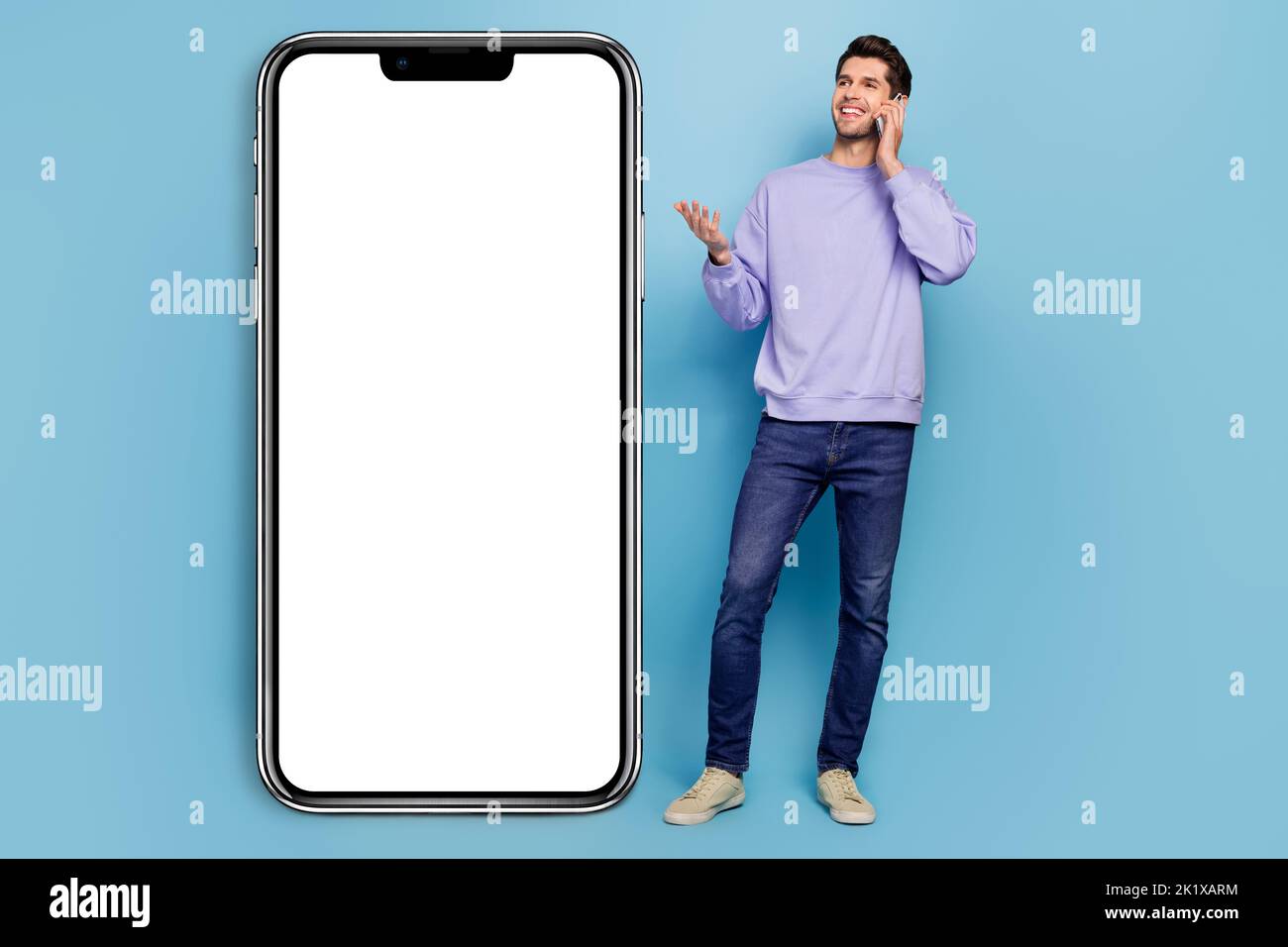 Full size photo of boss young brunet guy tell telephone wear sweater ...