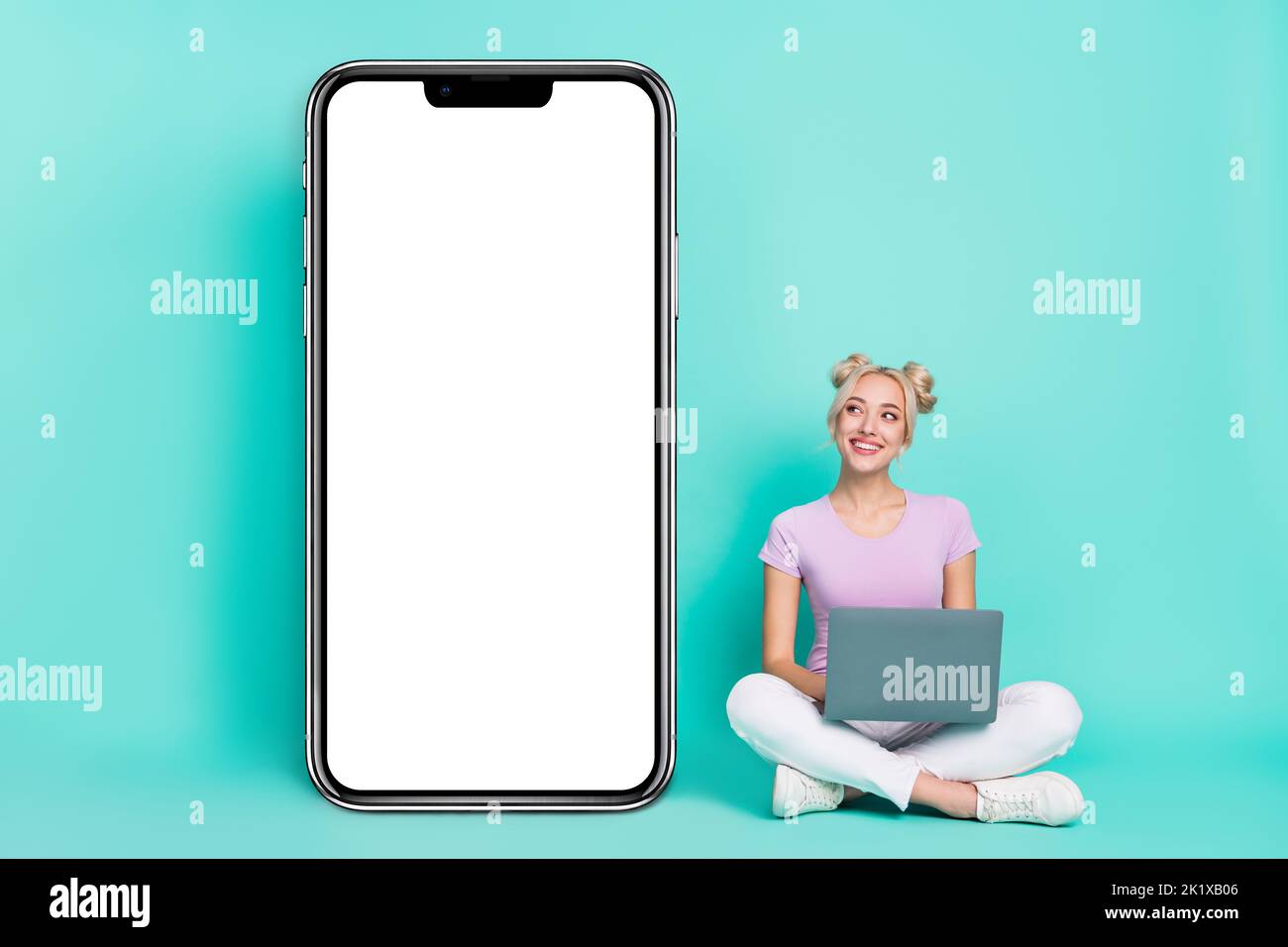 Full body photo of funny young blond lady sit type laptop look ad wear ...