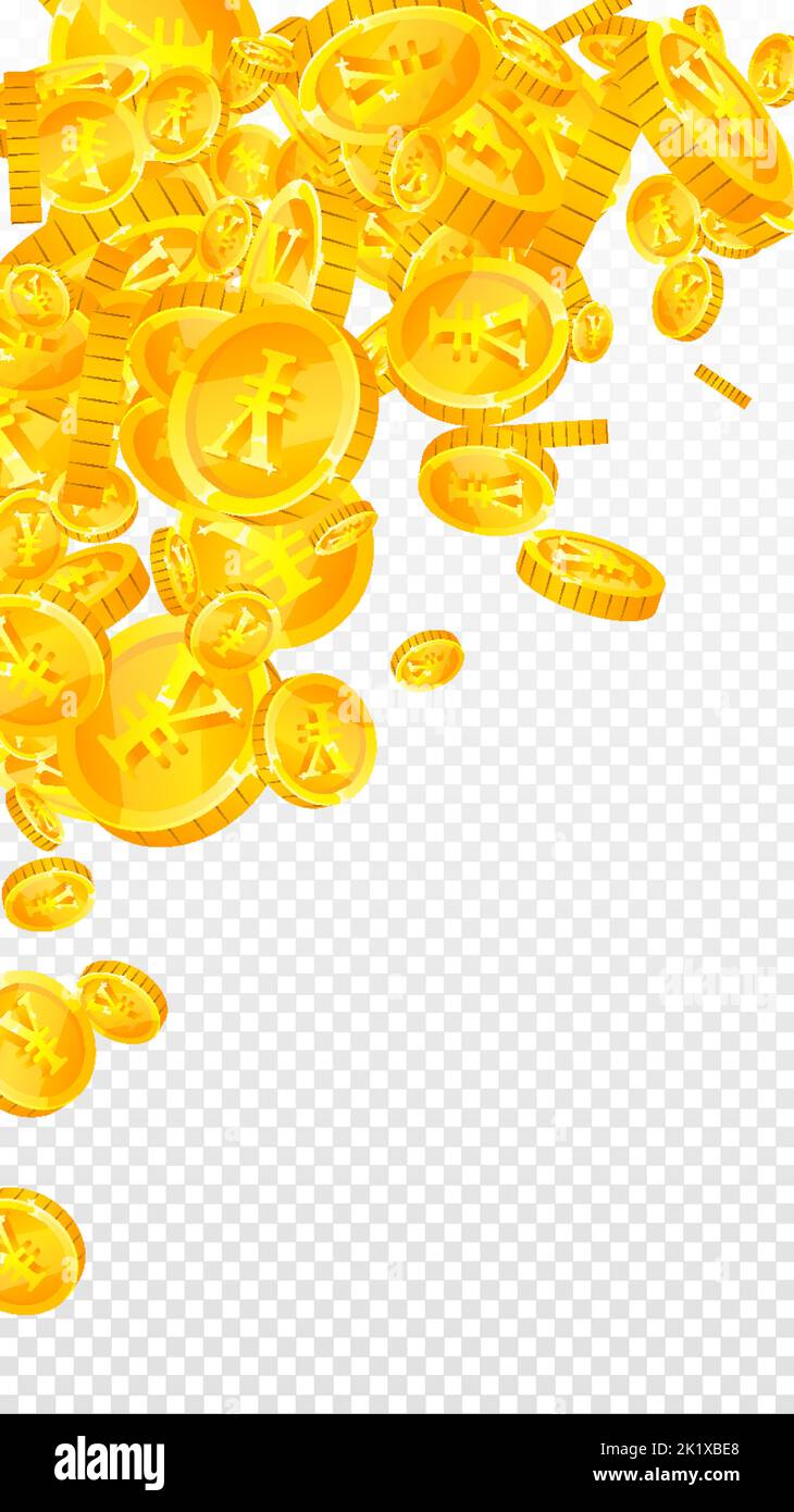 Chinese yuan coins falling. Scattered gold CNY coins. China money ...