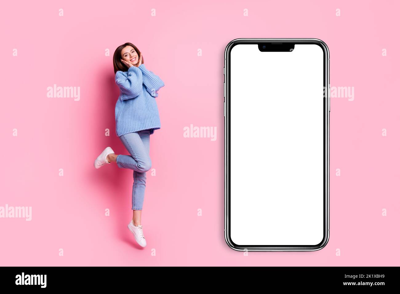 Full length body size view of attractive cheerful amazed girl good mood ...