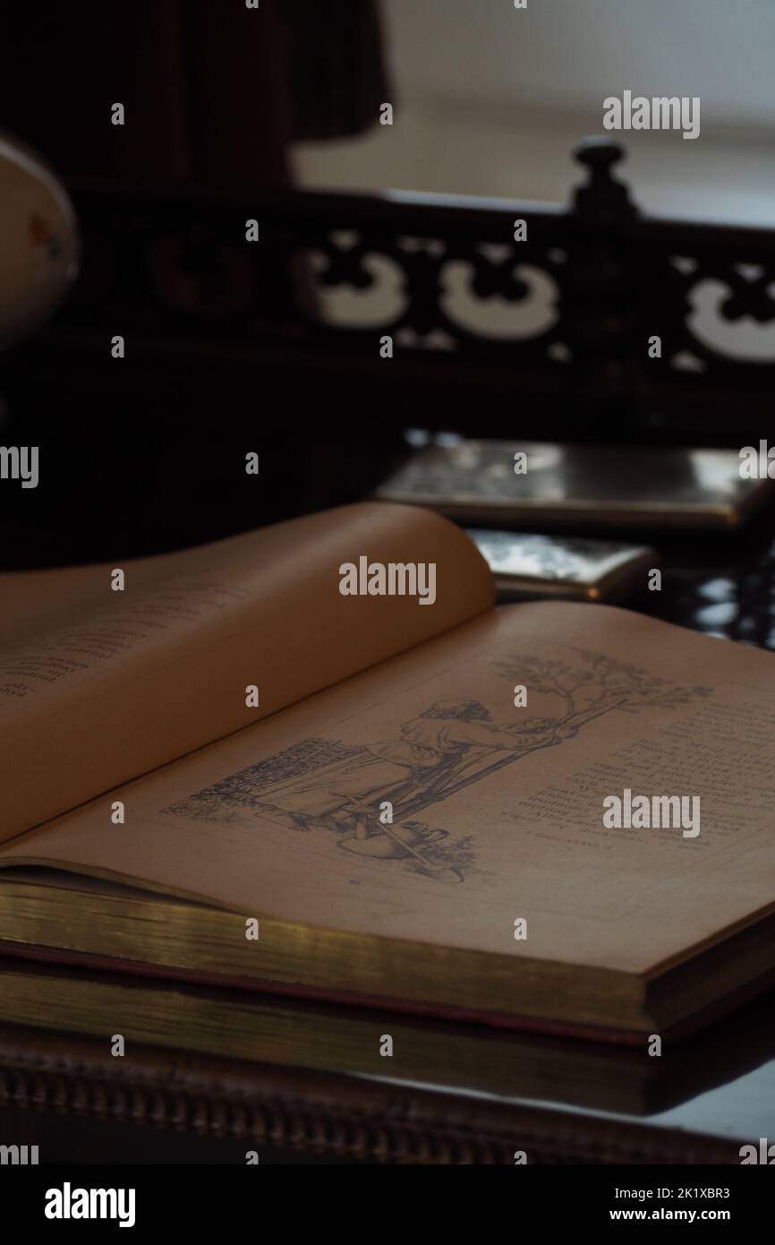A vertical shot of opened old book page Stock Photo - Alamy