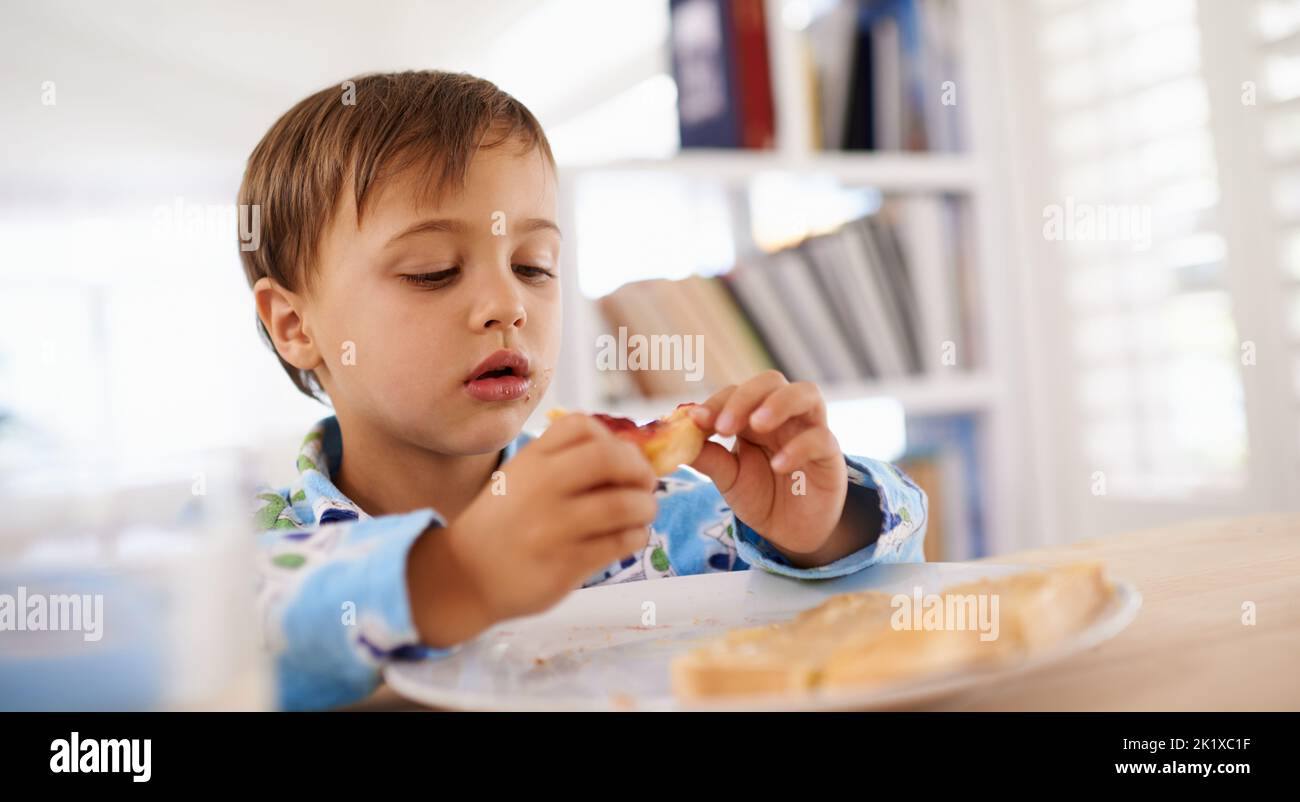 Getting his PB and J. A cute little boy eating toast with jam and ...