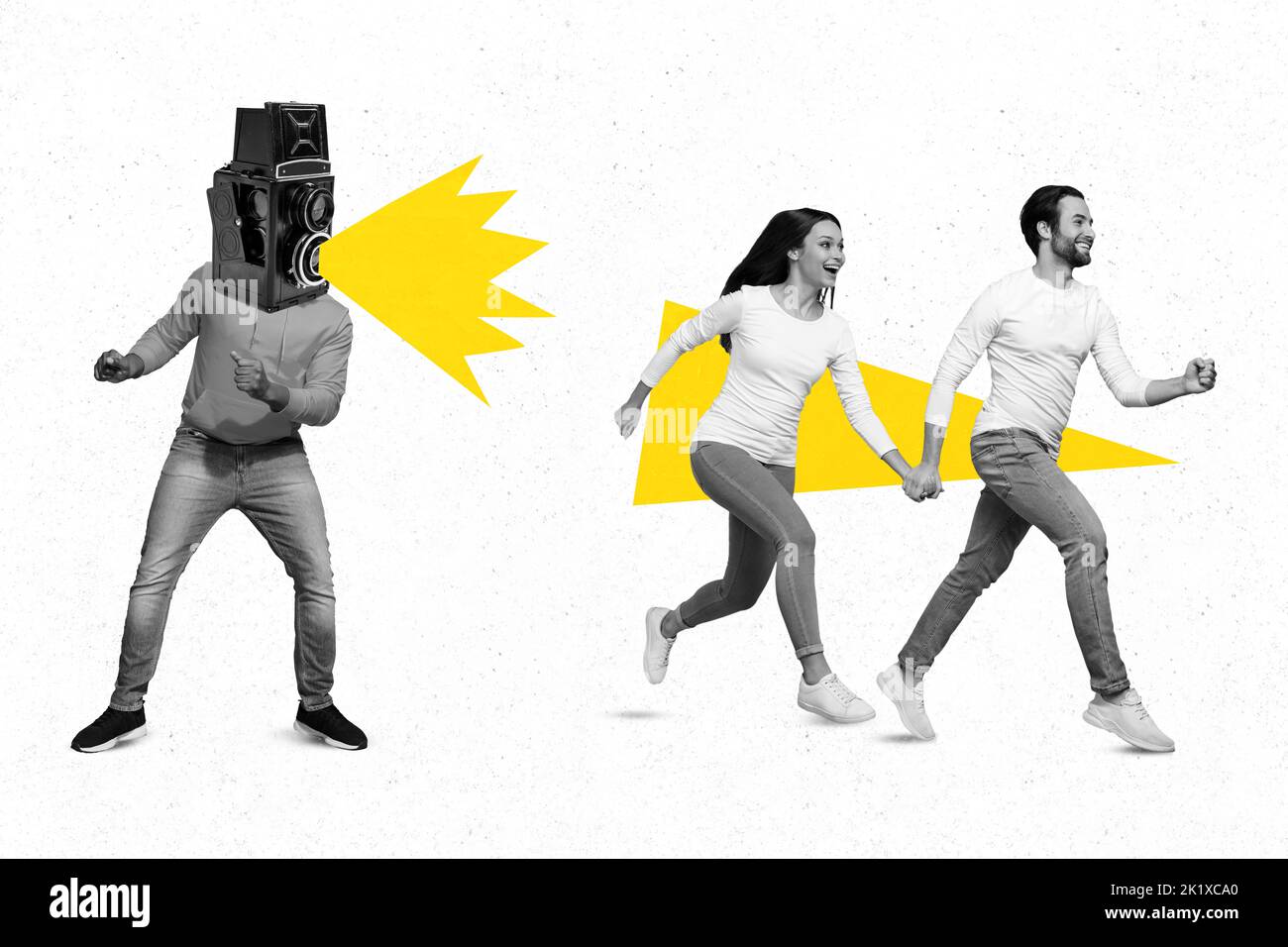 Creative photo 3d collage poster postcard of cameraman chase young ...