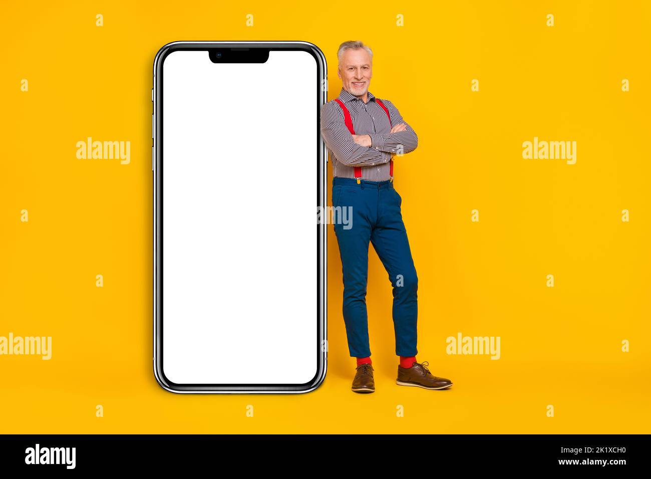 Full length body size view of attractive cheery grey-haired man folded ...