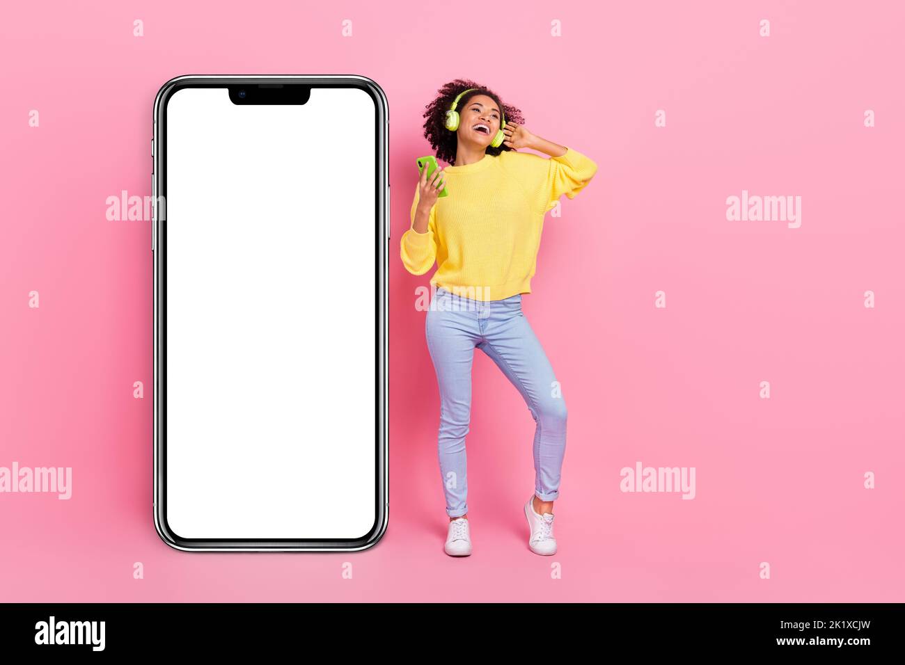 Full size photo of young excited girl have fun listen radio playlist ...