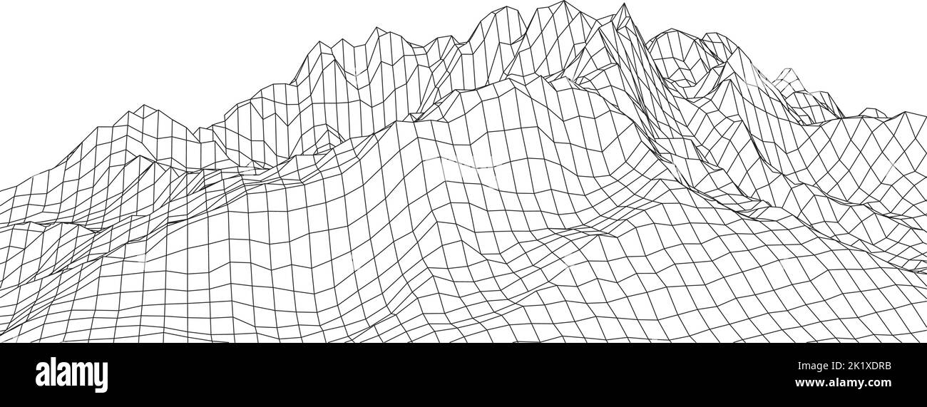 3D Wireframe illustration landscape with Mountains. Abstract grid ...