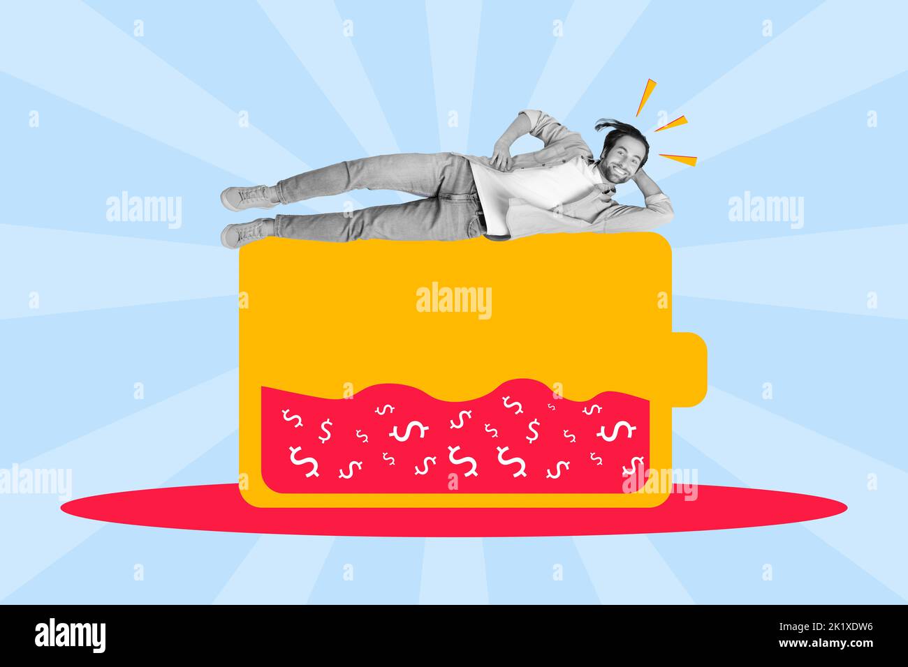 Collage 3d image of pinup pop retro sketch of careless man lying big ...