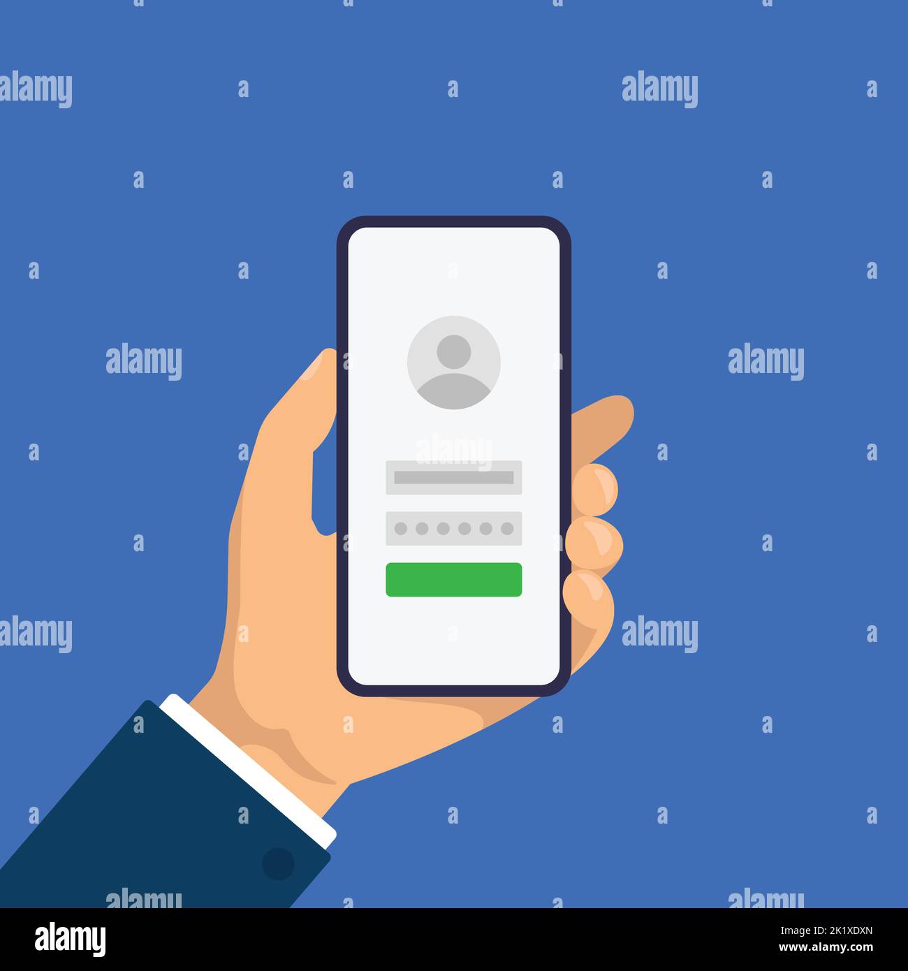 Log in or Sign in page on smartphone screen. Hand holds the smartphone ...
