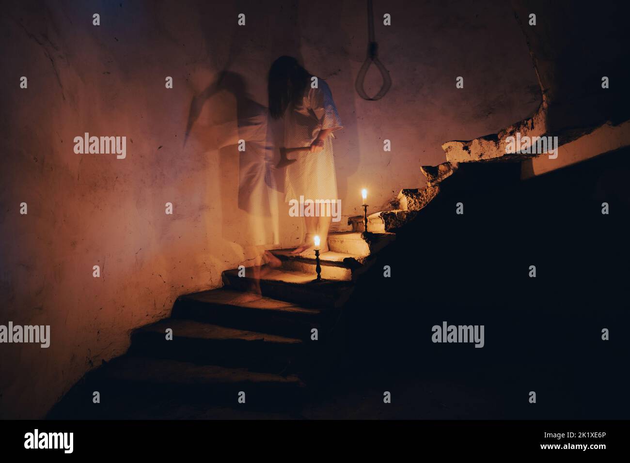 Ghost in abandoned, haunted house. Horror scene of spooky silhouette ...