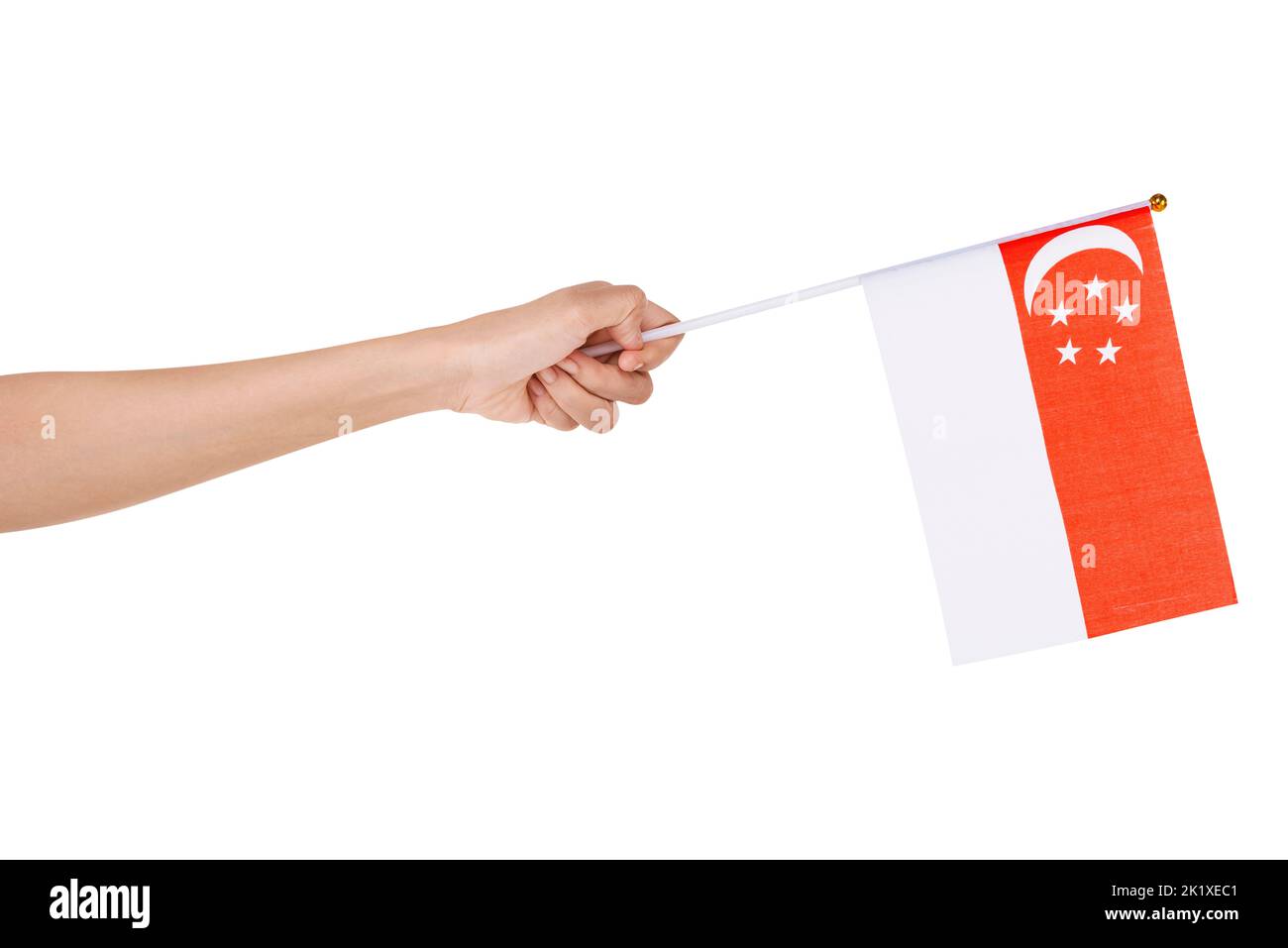 Human hand holding Singapore national flag isolated over white ...