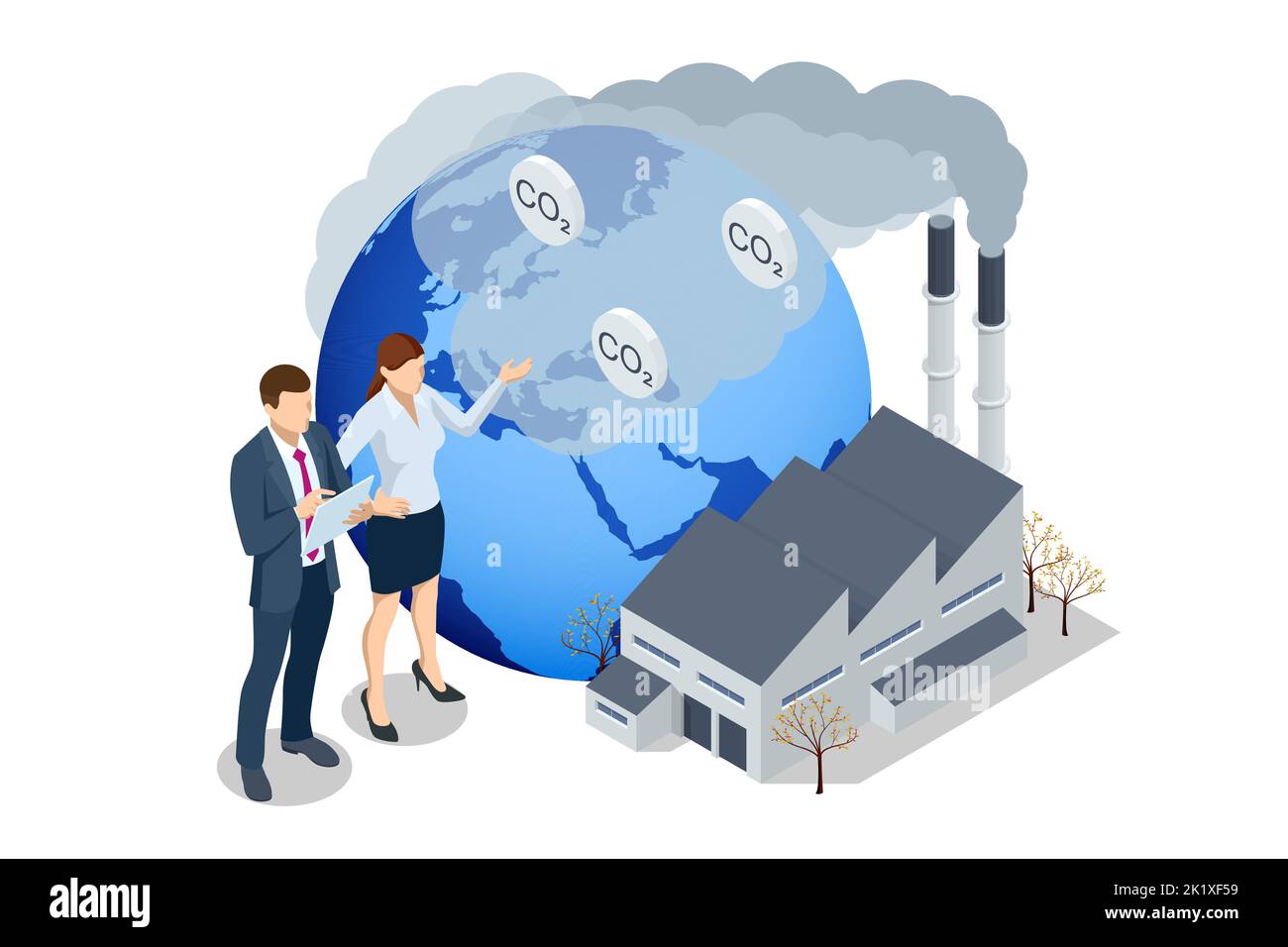 Isometric industrial chimneys with heavy smoke causing air pollution ...