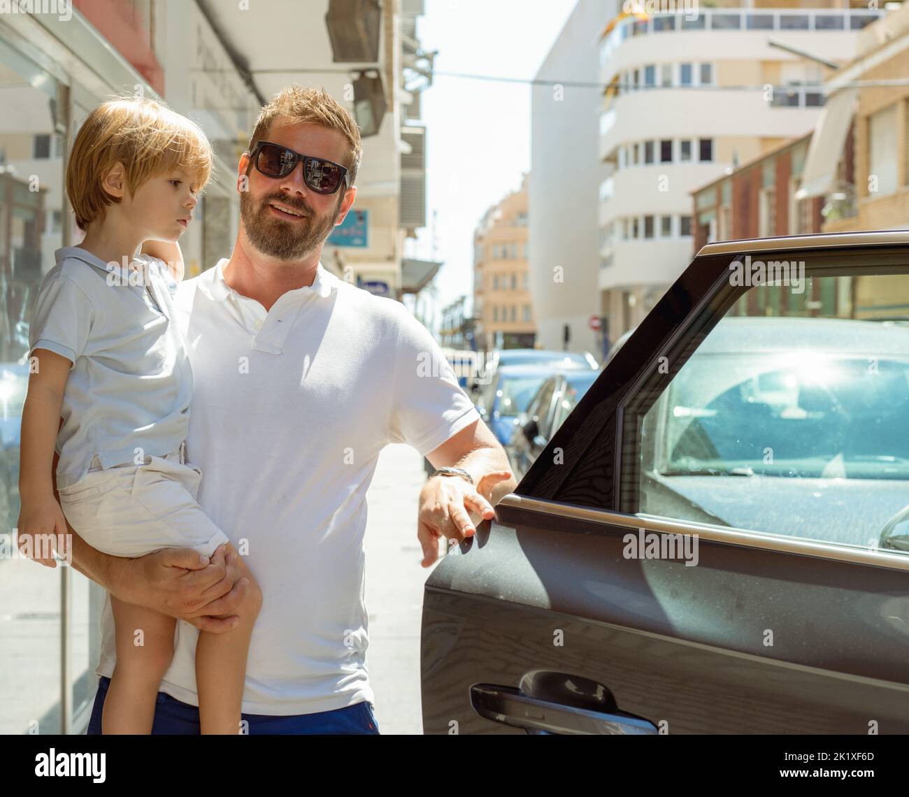 Father Driving To School With son child Stock Photo - Alamy