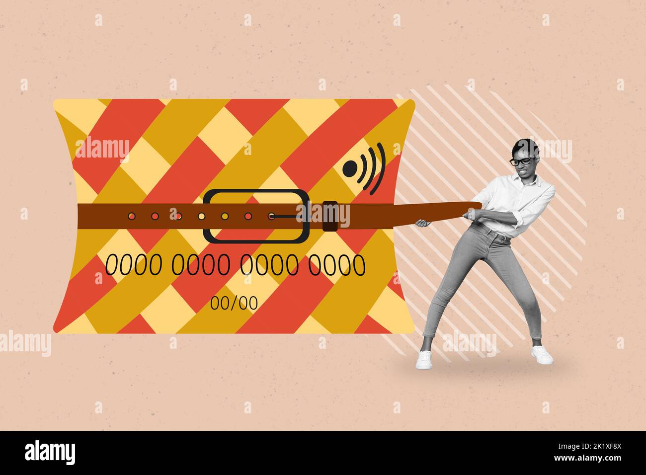 Creative abstract template collage of trying hard woman pulling belt ...