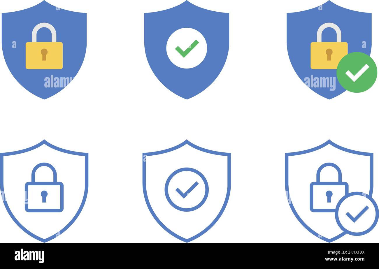 Shield with padlock and check mark. Modern flat and outline vector icons with editable strokes ...