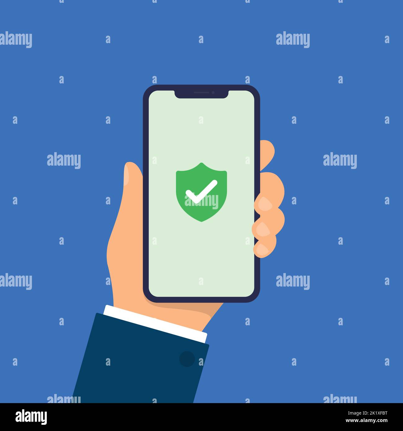 Green Shield on smartphone screen. Hand holds the smartphone. Modern ...