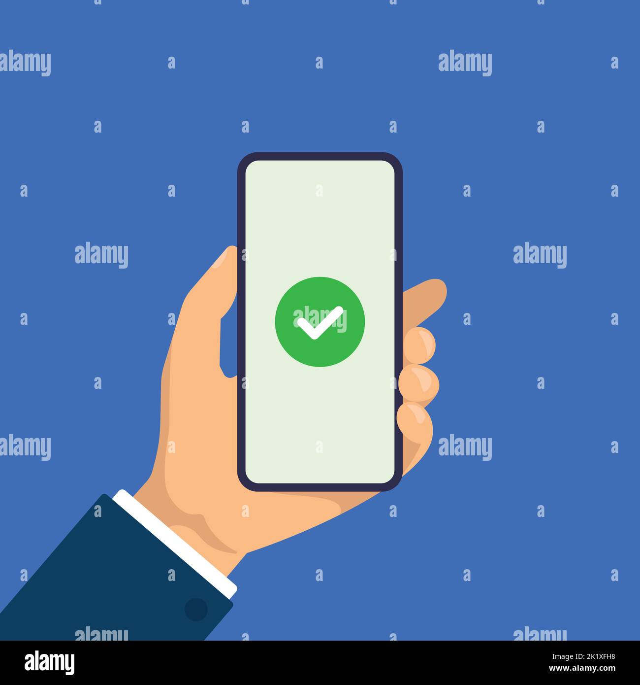 Check mark on smartphone screen. Hand holds the smartphone. Modern Flat ...