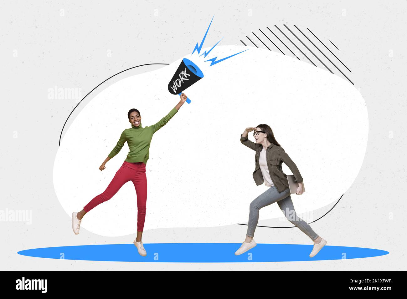 Composite collage of two excited people jump hold loudspeaker running ...