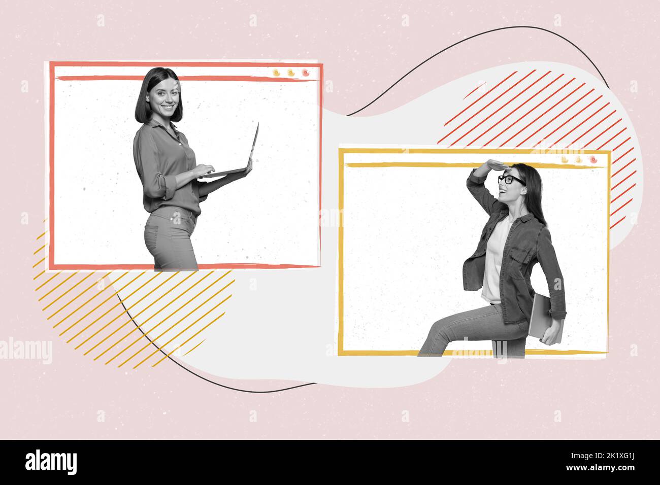 Creative collage portrait of two cheerful girls black white colors ...